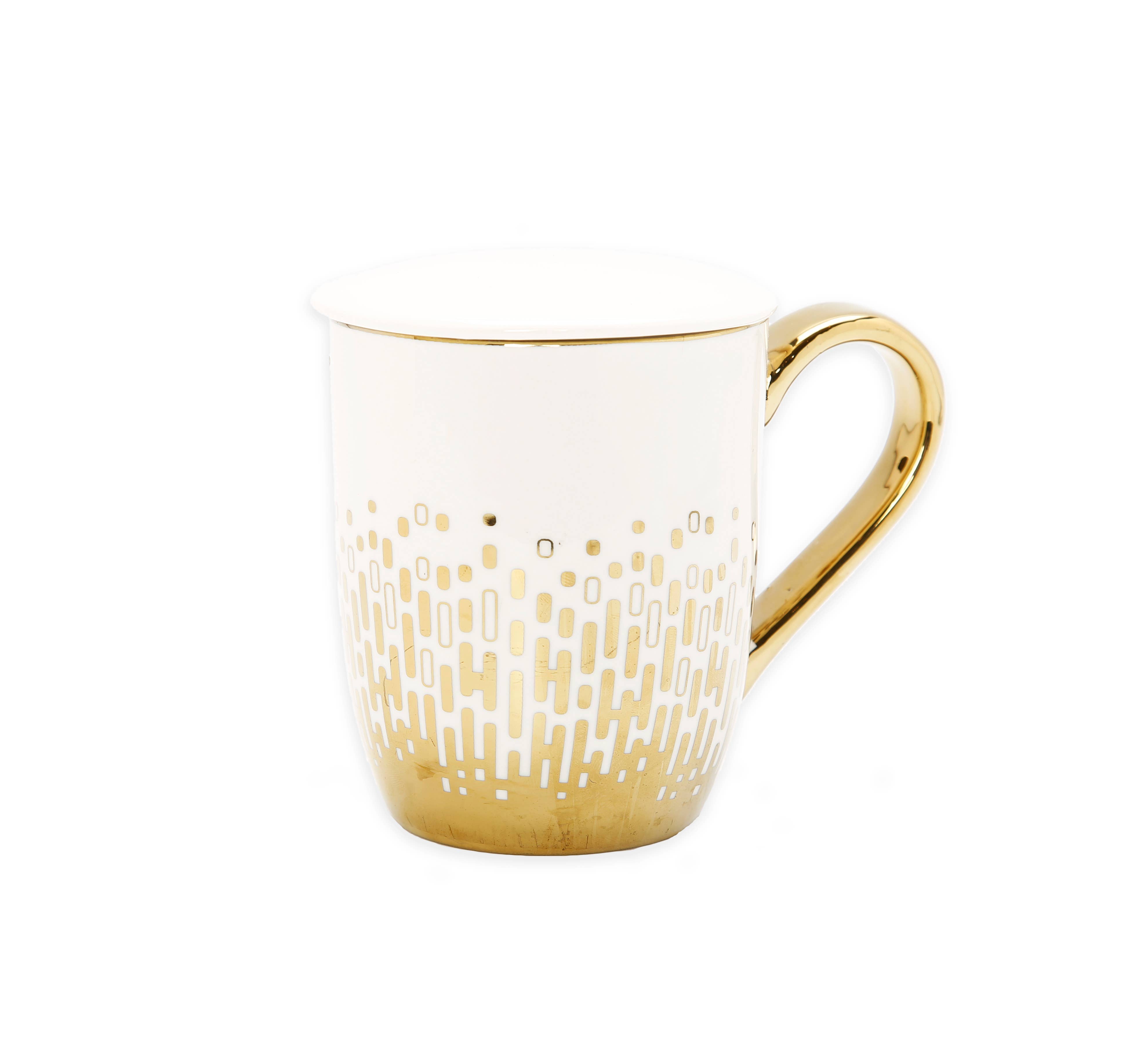 White and Gold Design Mug with Gold Handle and White Cover